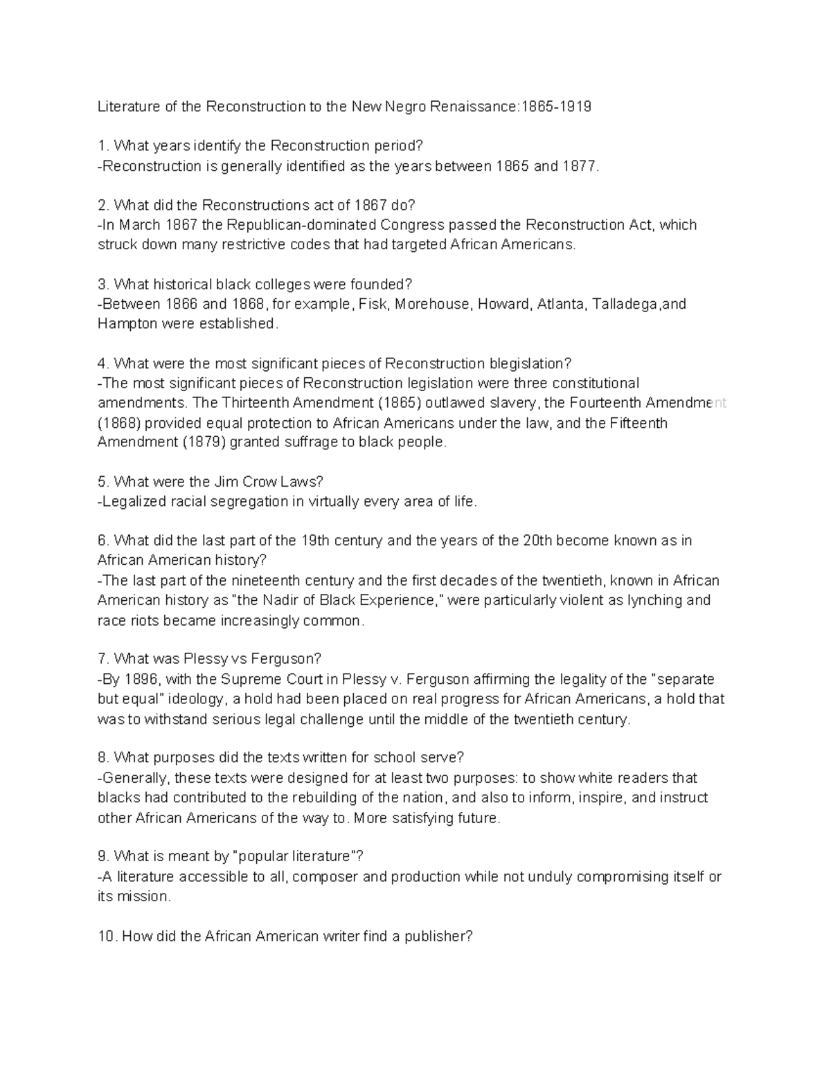 Literature of the Reconstruction to the New Negro - Studocu