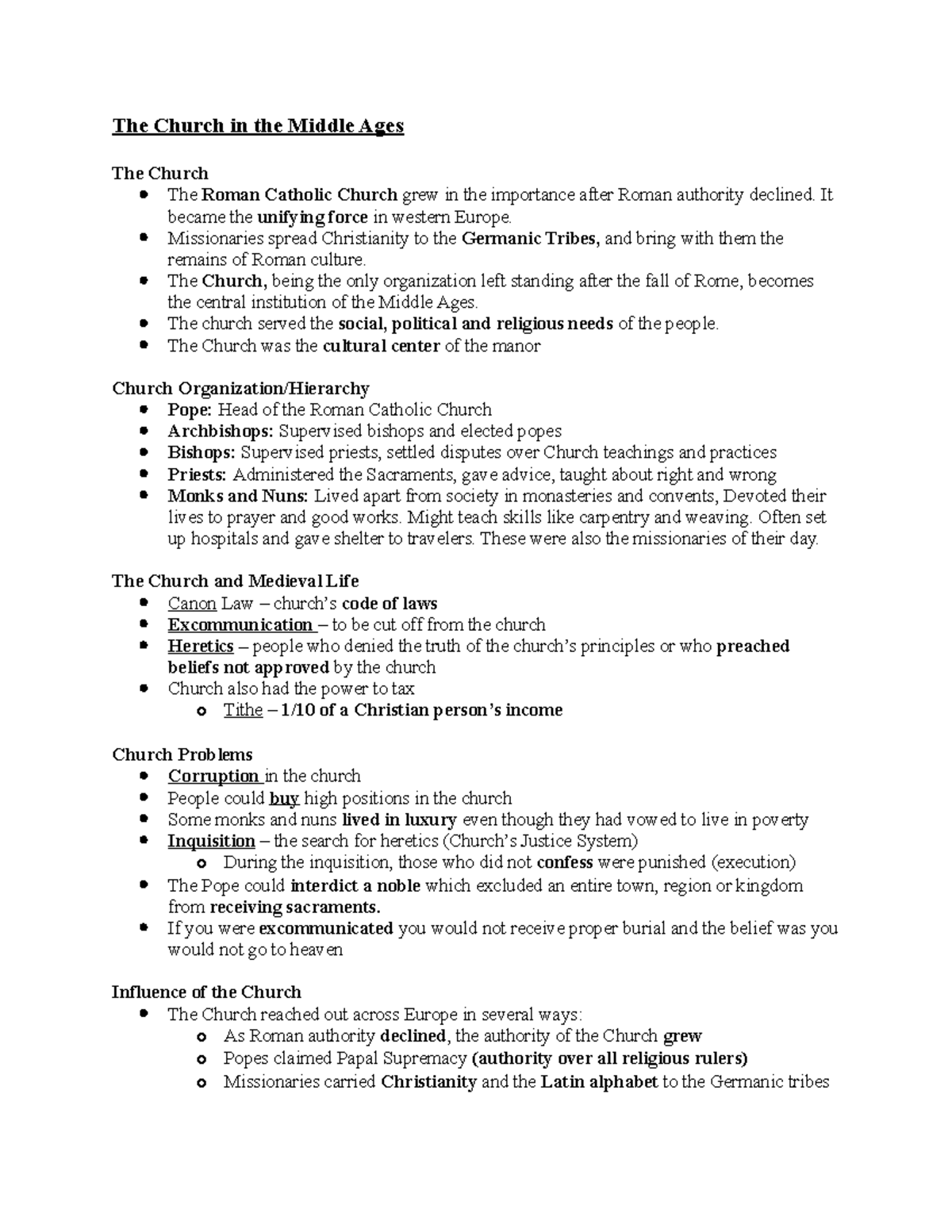 HUM211 Lecture Notes - The Church in the Middle Ages The Church The ...