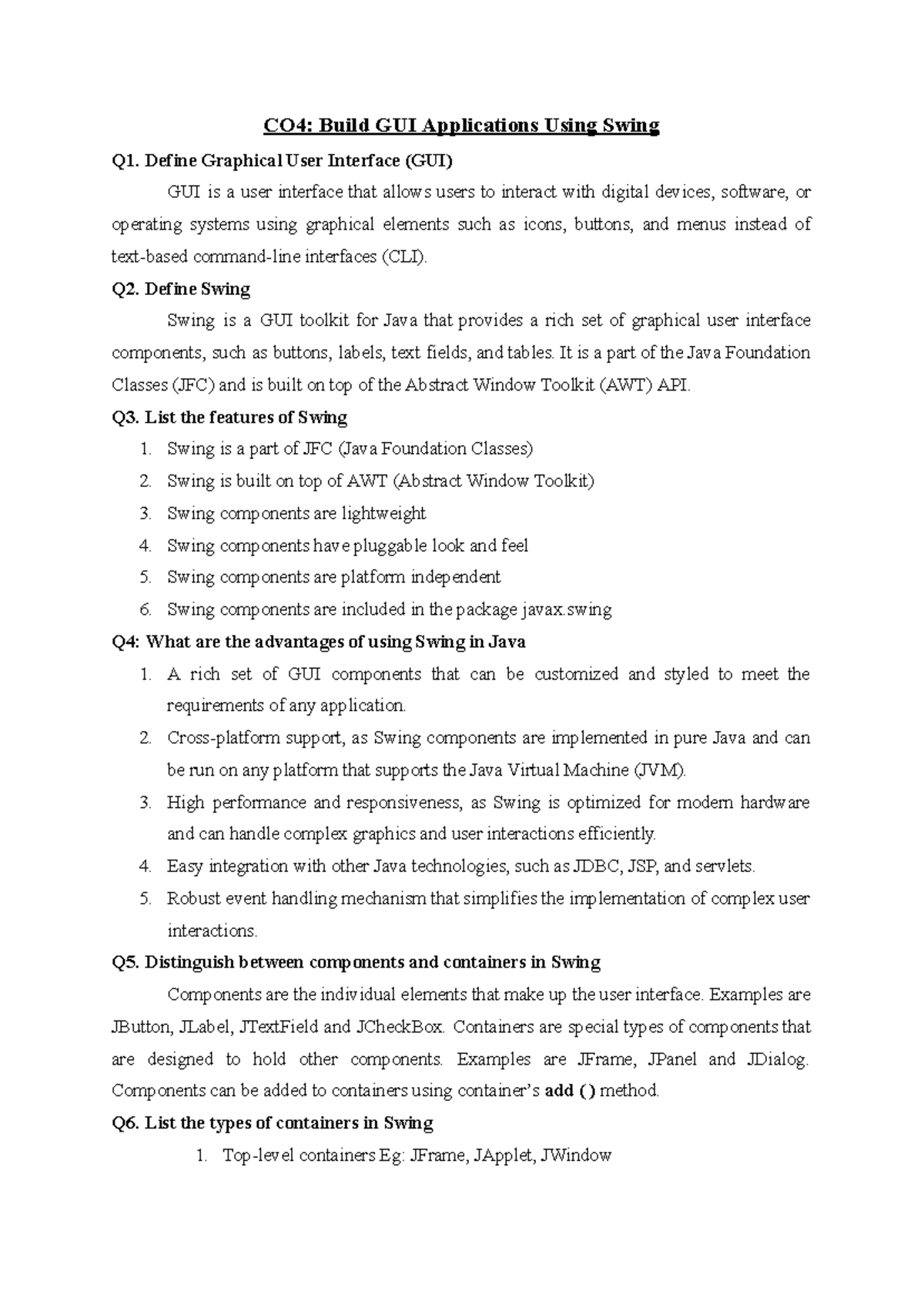 OOPS Module 3 Q&A type notes - CO4: Build GUI Applications Using Swing ...