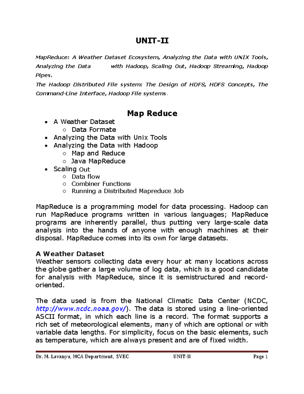 Data Analytics - Chapter 5 - UNIT-II MapReduce: A Weather Dataset ...