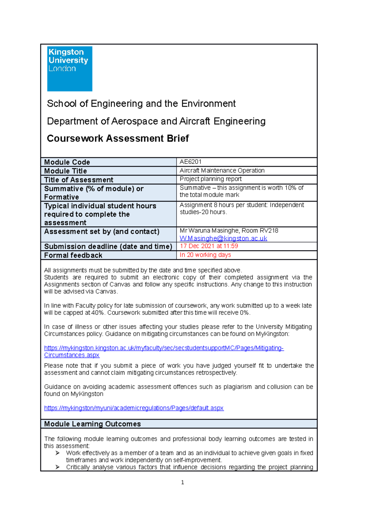 AE6201 - Planning report Assessment Brief FT (Planning report part II ...