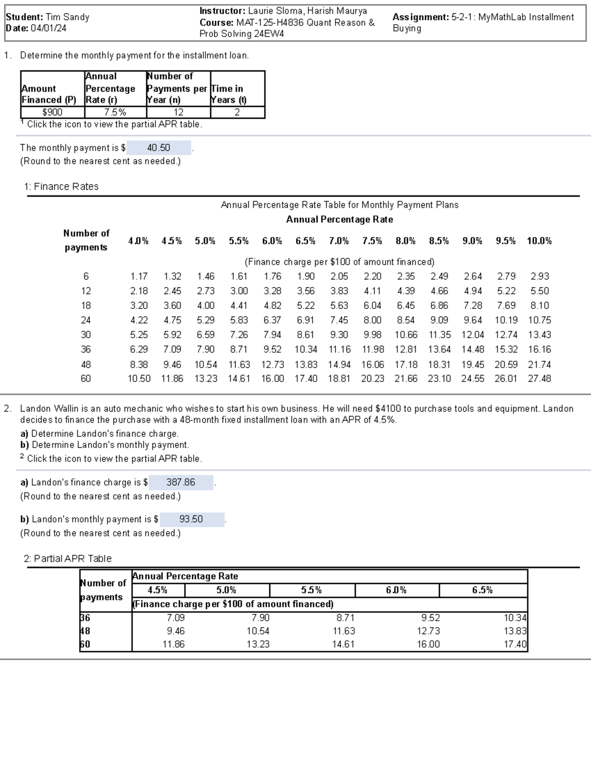 5-2-1 My Math Lab Installment Buying - 1. 2. Student: Tim Sandy Date ...