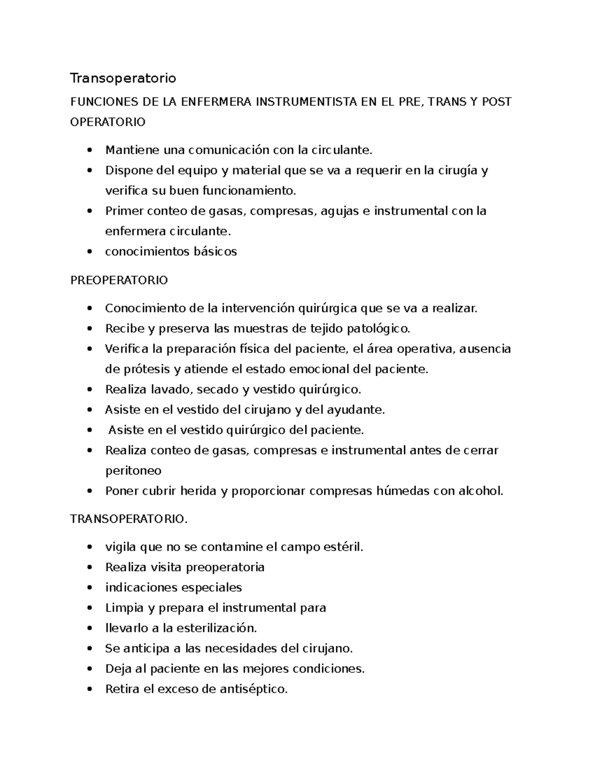 Transoperatorio - Transoperatorio FUNCIONES DE LA ENFERMERA ...
