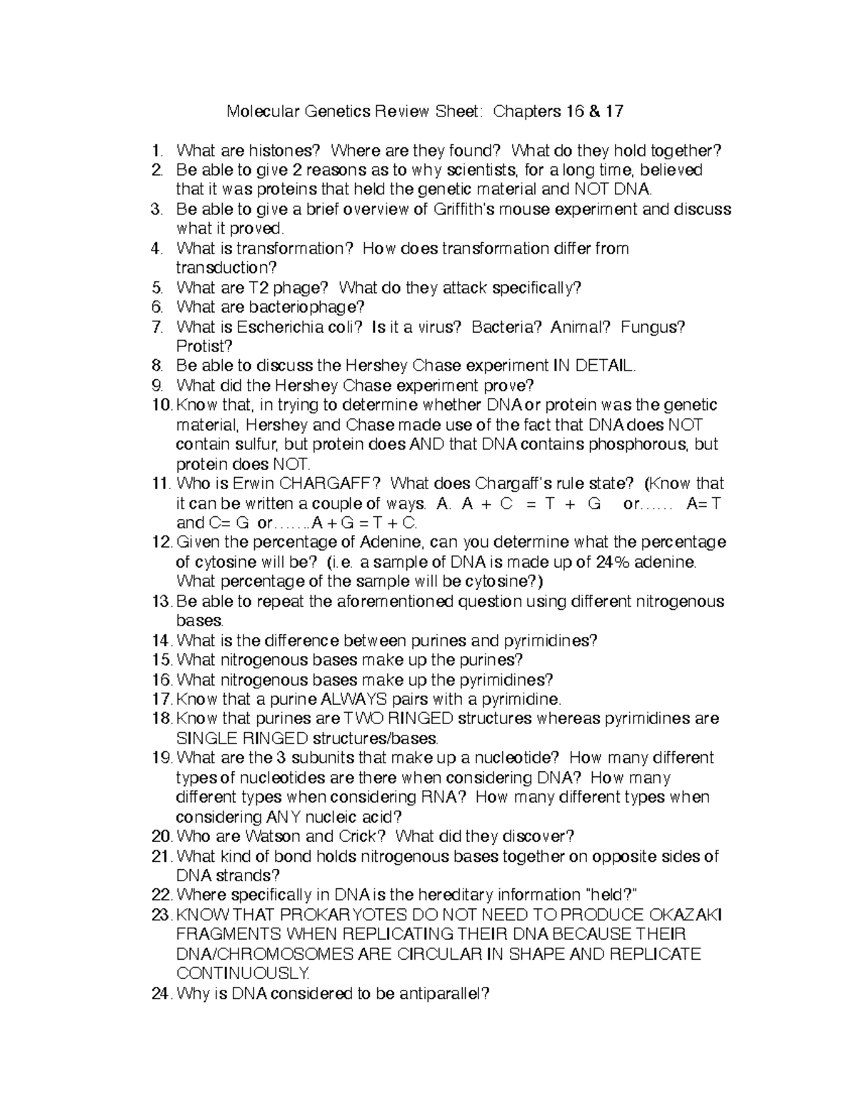 AP Chapter 16 & 17 Molecular Genetics Review Sheet - Molecular Genetics ...