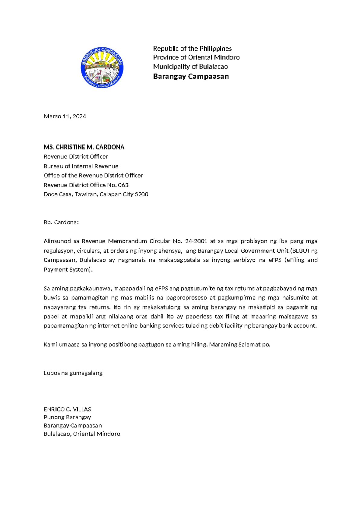 Letter to BIR EFPS - Republic of the Philippines Province of Oriental ...