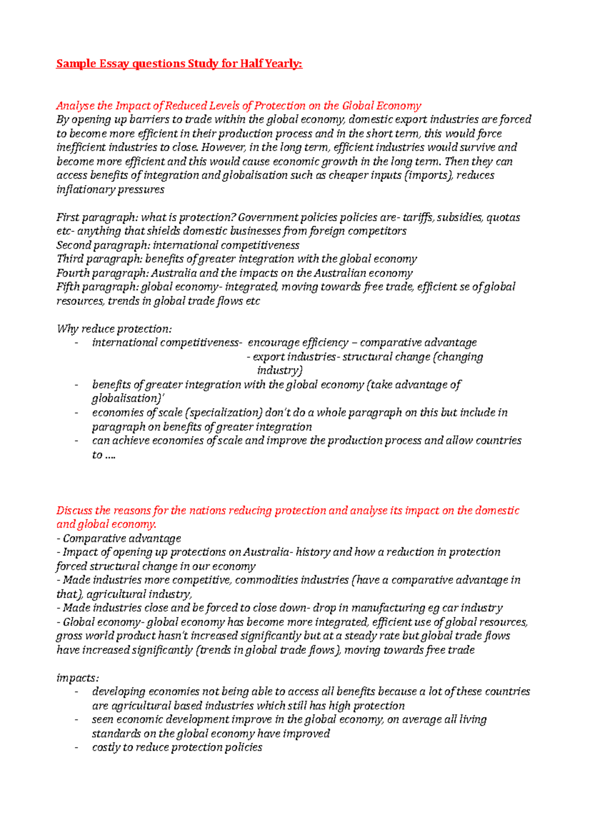 Sample Essay questions Study for Half Yearly - However, in the long term, efficient industries ...