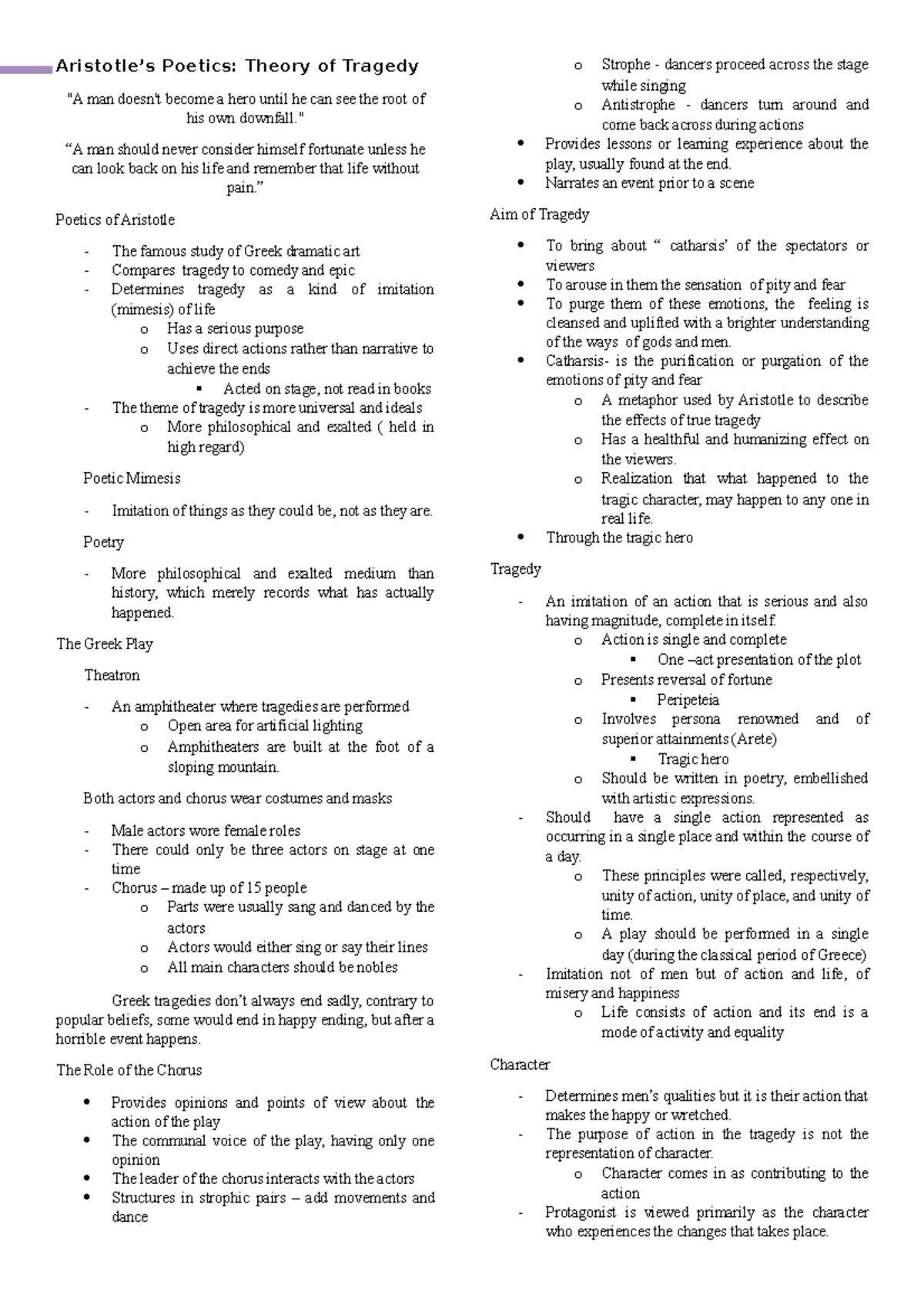 GED117 Module 1 Quiz Notes - Aristotle’s Poetics: Theory of Tragedy "A ...