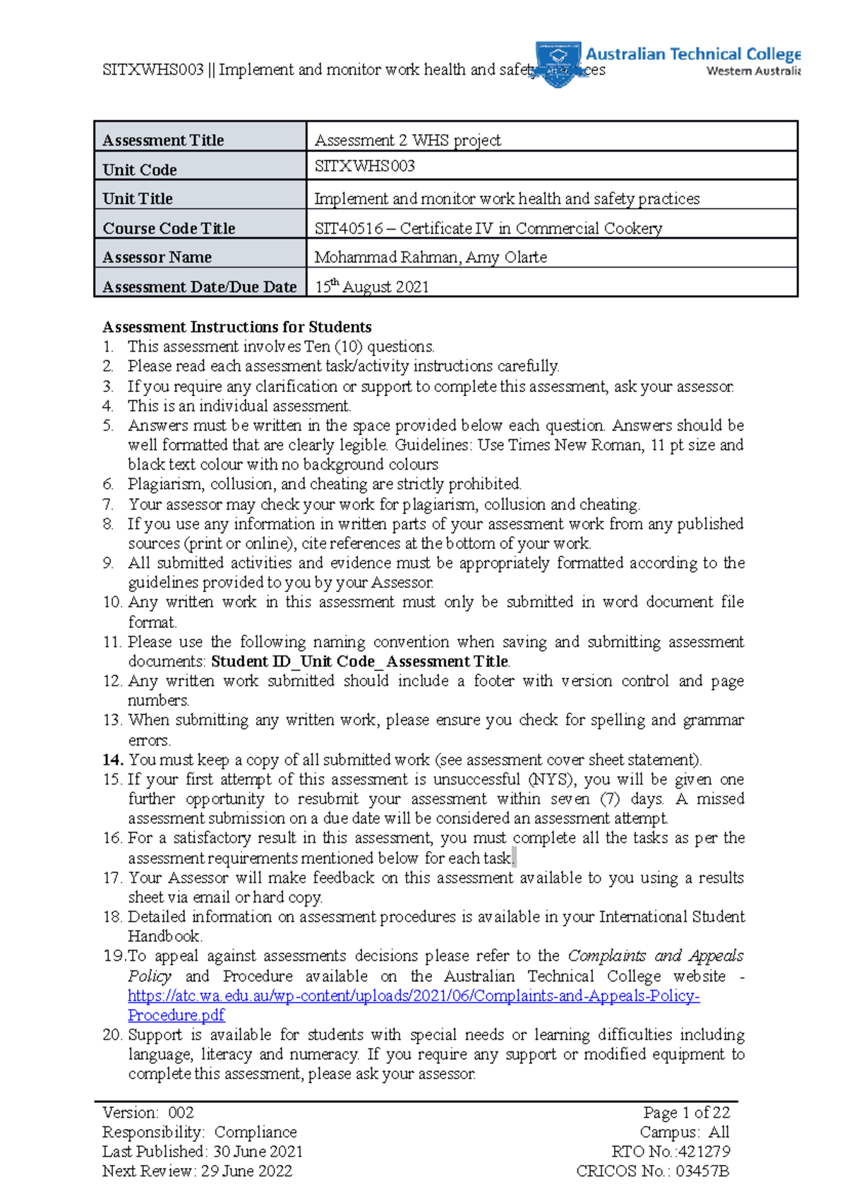 SITXWHS003 WHS Project Assessment - Studocu
