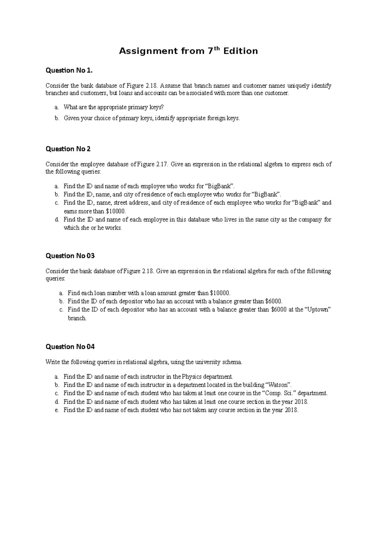 Assignment 1 None Assignment From 7th Edition Question No 1 Consider The Bank Database Of