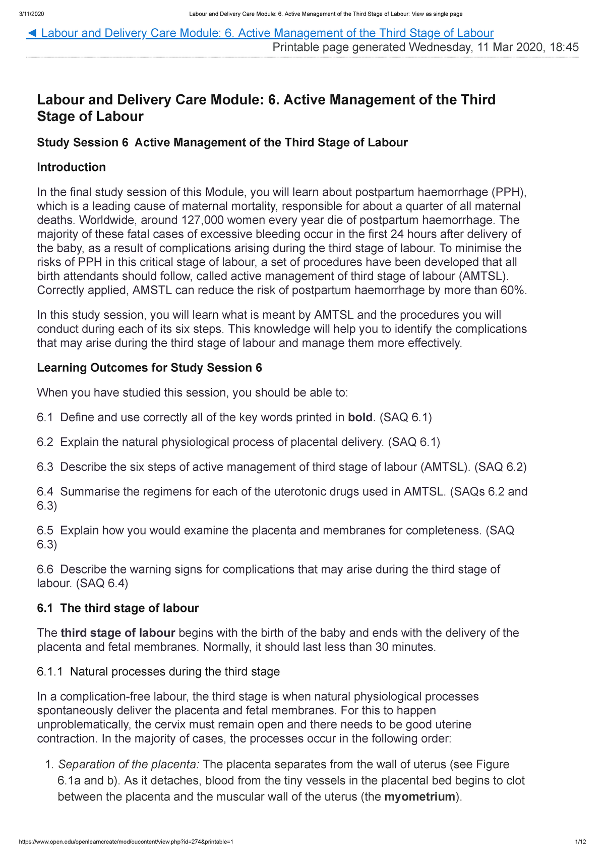 Labour and Delivery Care Module 6. Active Management of the Third Stage ...