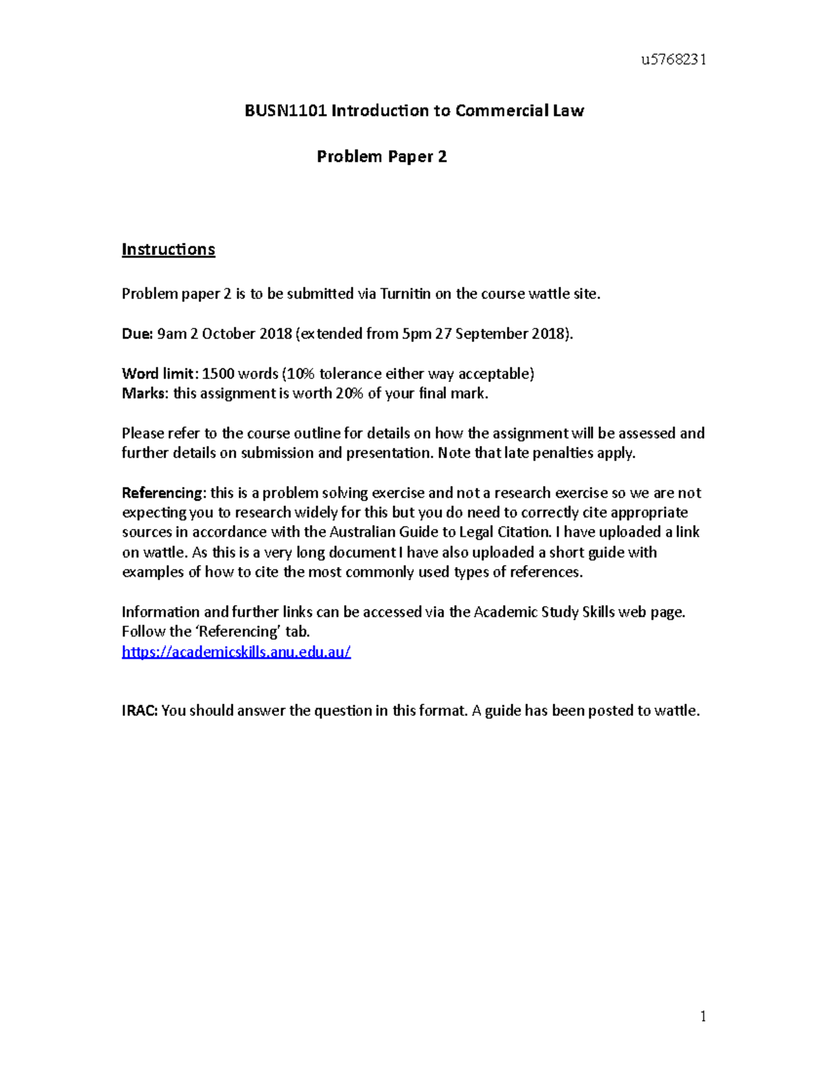 Problem paper 2- u5768231 BUSN1101 Introduction to Commercial Law ...