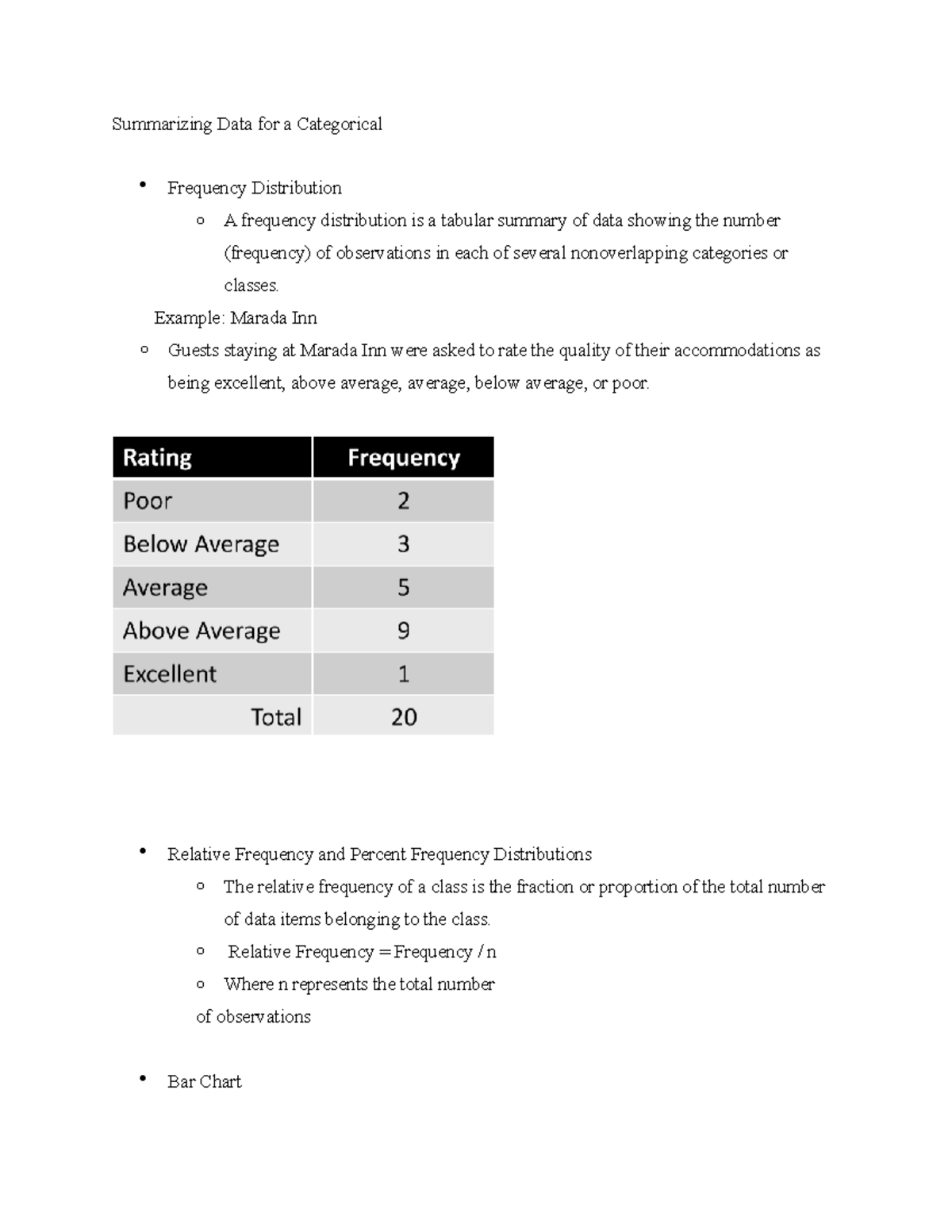 Summarizing Data for a Categorical - Example: Marada Inn o Guests ...