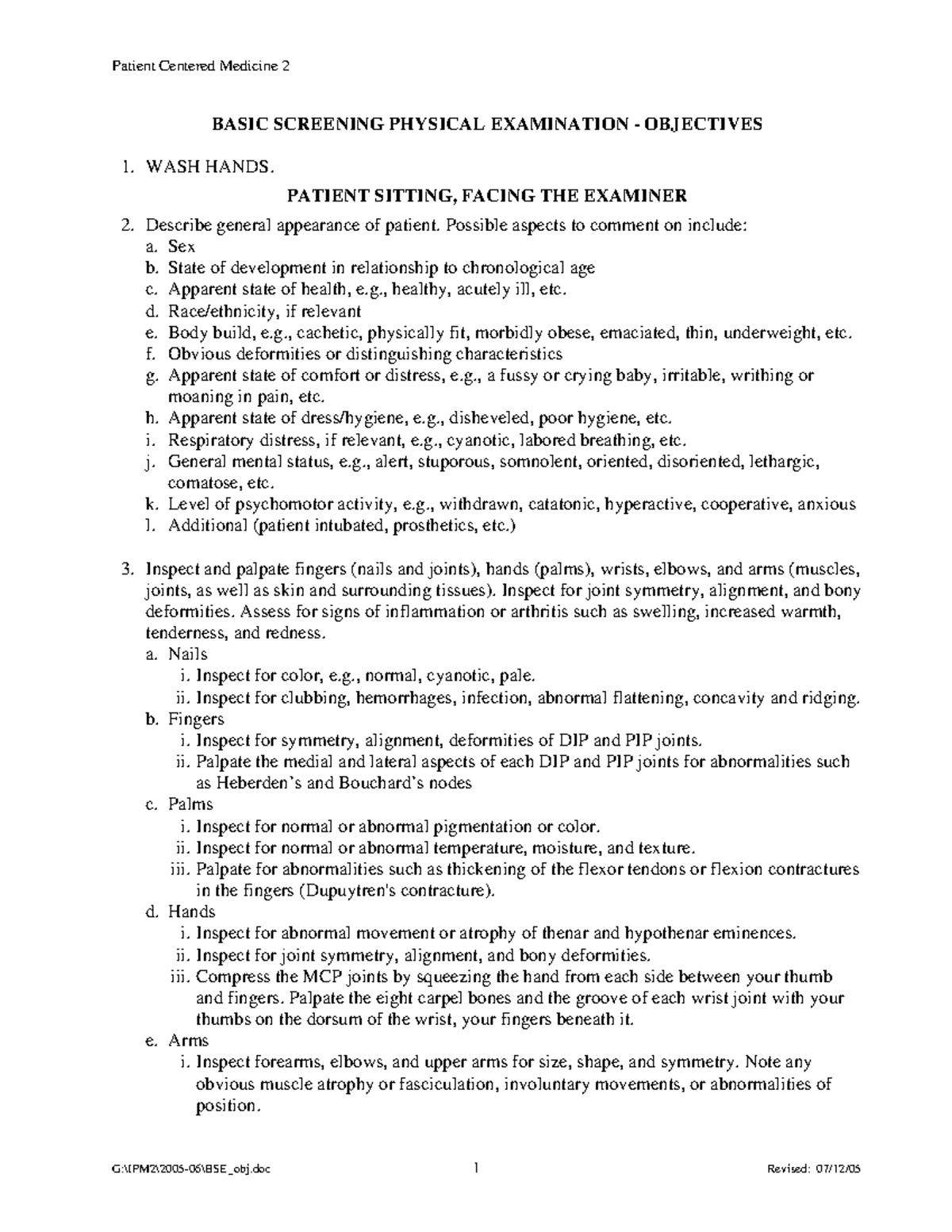 HEALTH ASSESSMENT FULL CHECKLIST - BASIC SCREENING PHYSICAL EXAMINATION ...