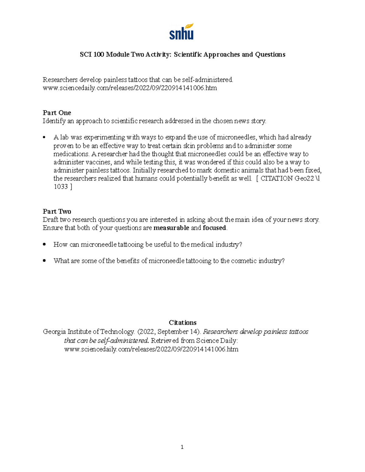 SCI 100 Module Two Activity - sciencedaily/releases/2022/09 ...