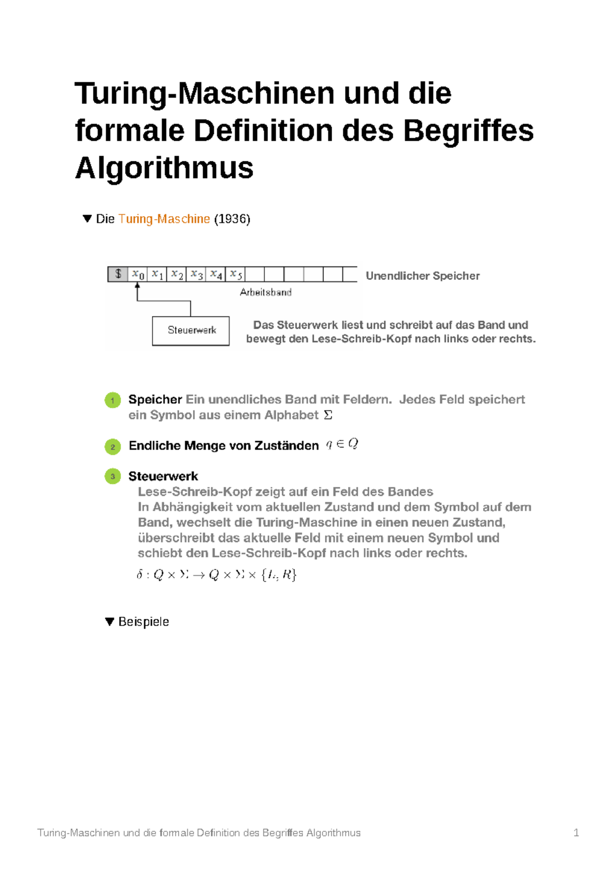 Turing-Maschinen und die formale Definition des Begriffes Algorithmus ...