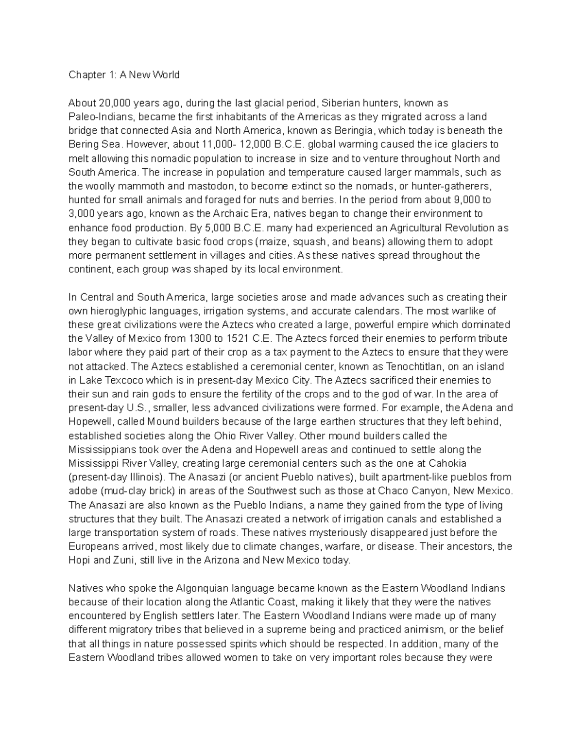 Chapter 1 A New World - Chapter 1: A New World About 20,000 years ago ...