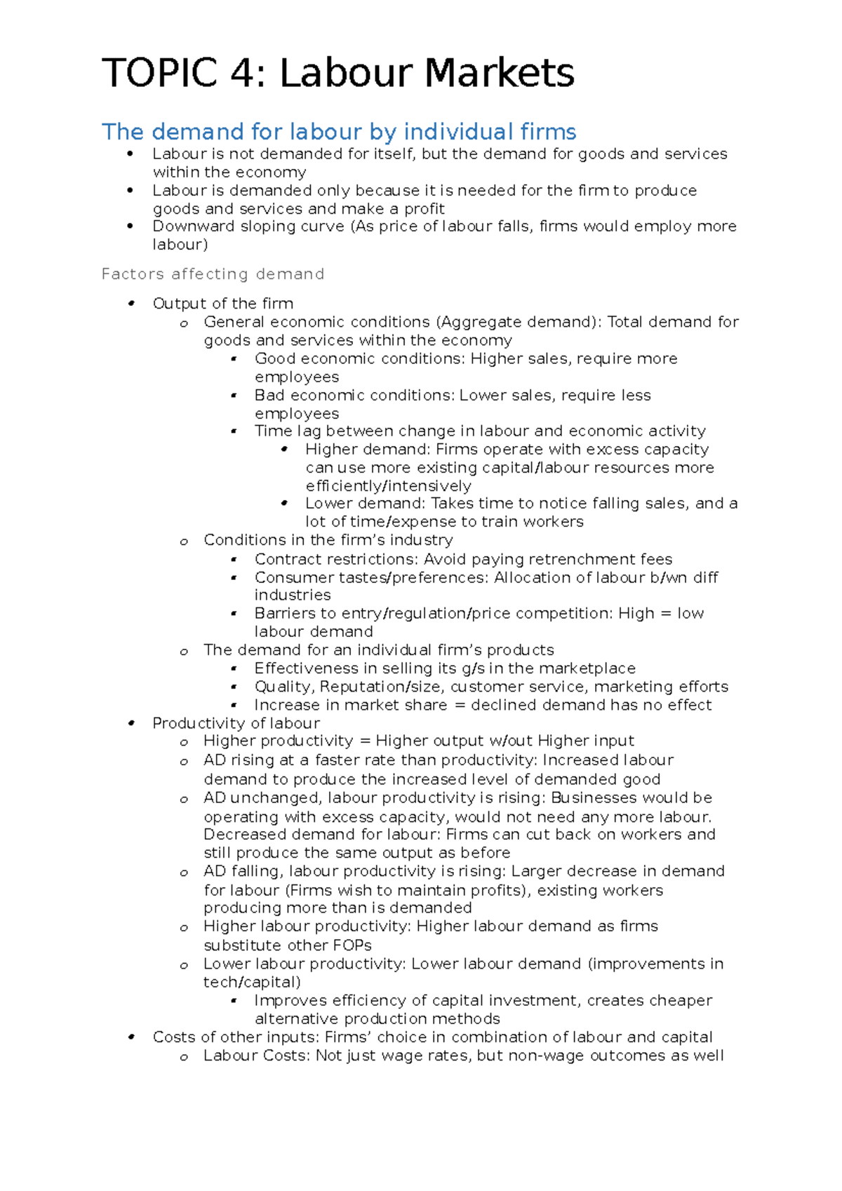 Topic 4 - detailed notes - The demand for labour by individual firms ...