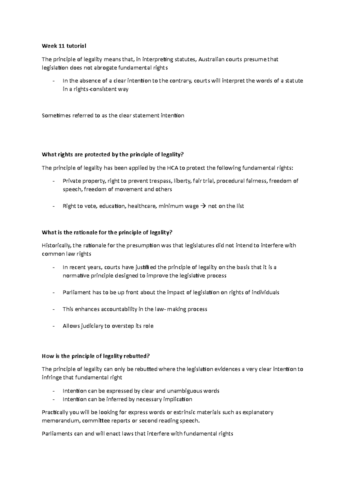 Week 11 tutorial - Week 11 tutorial The principle of legality means ...