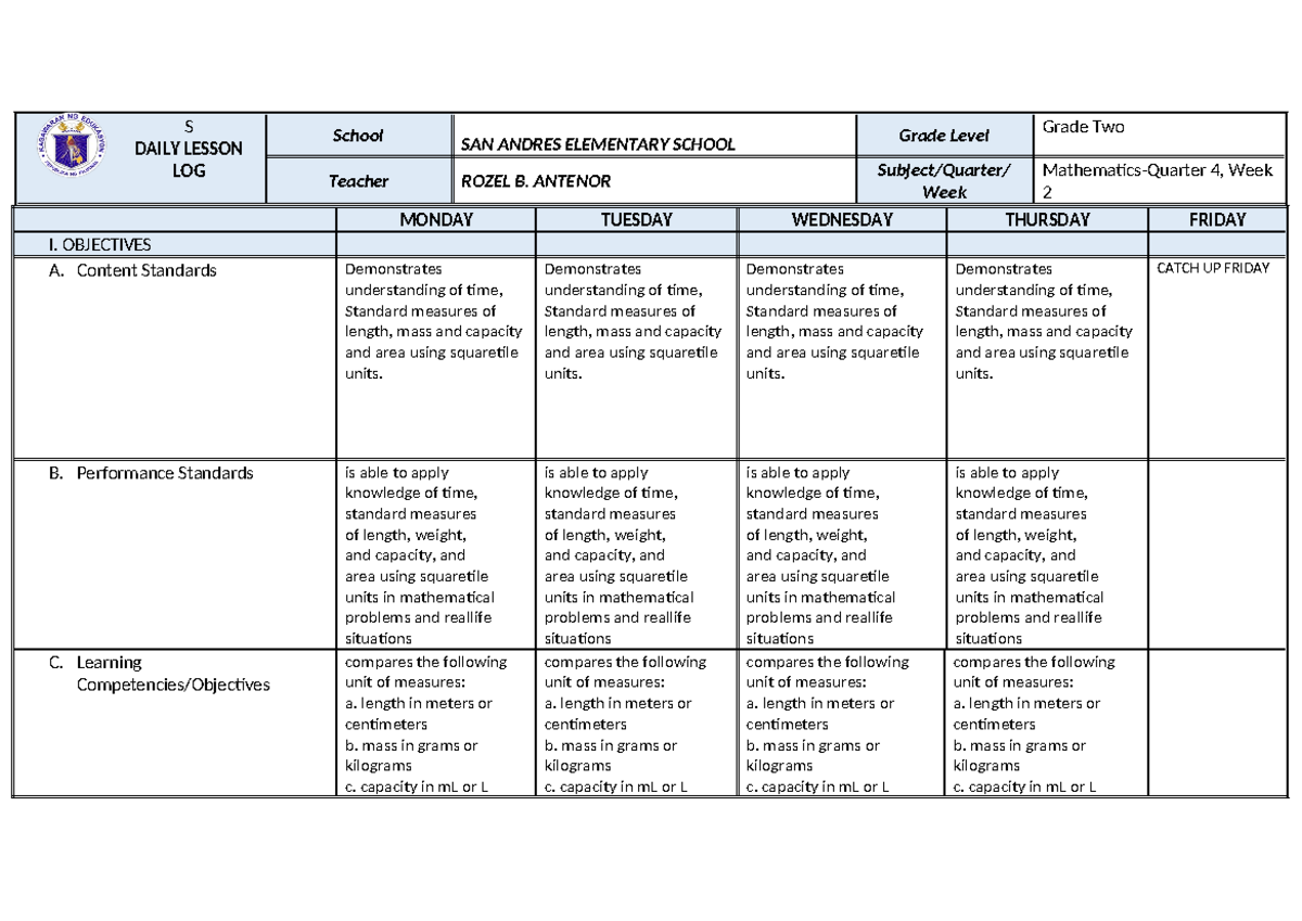 DLL MATH-2 Week2 Q4 - S DAILY LESSON LOG School SAN ANDRES ELEMENTARY SCHOOL Grade Level Grade ...