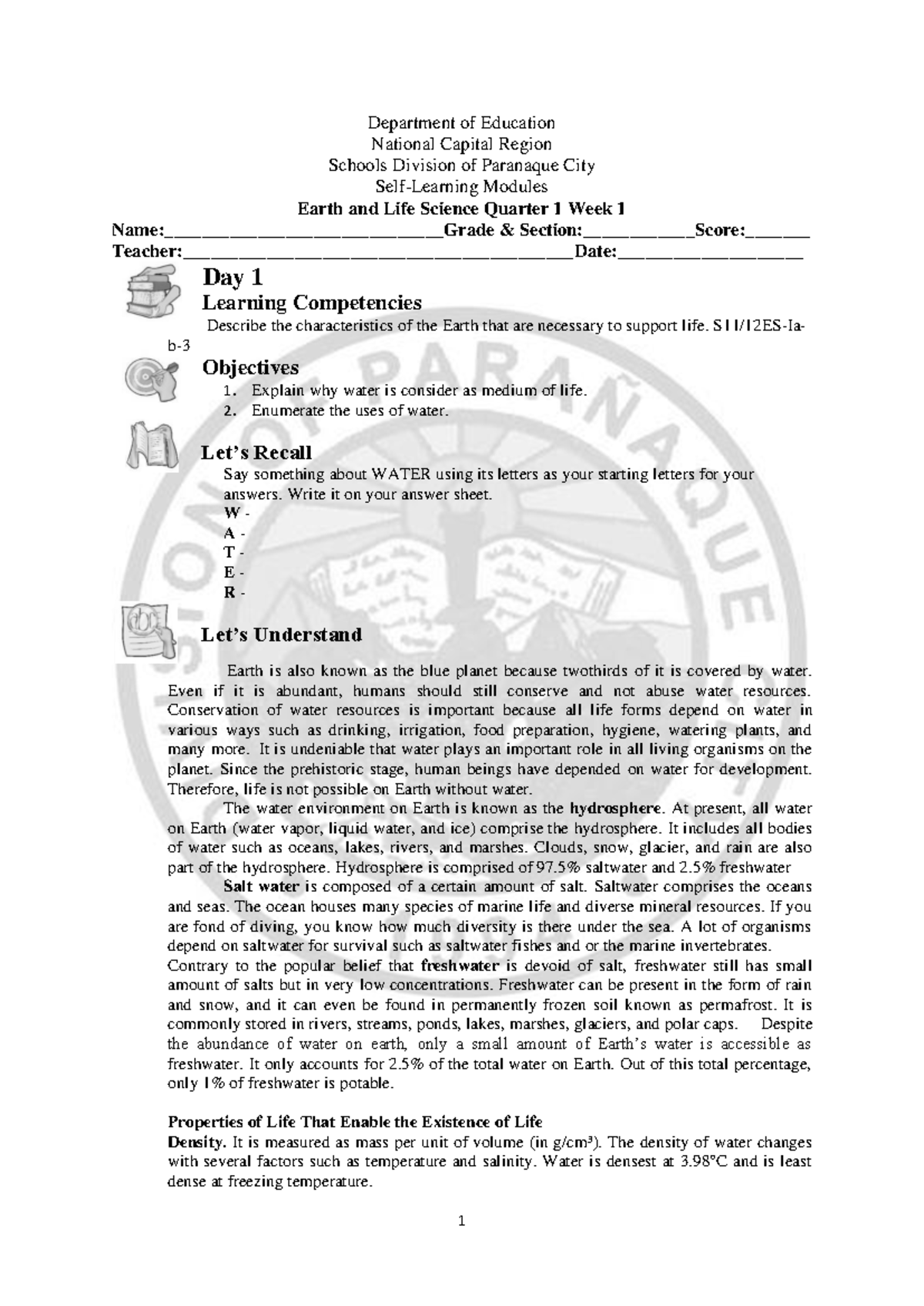 G11 ELS Q1 W1 - Kfhdjjdnwm - Department of Education National Capital ...