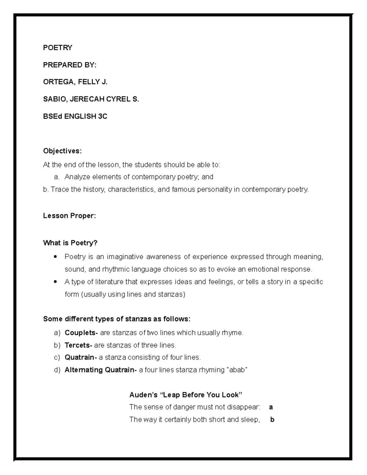 Poetry( Topic Outline) - POETRY PREPARED BY: ORTEGA, FELLY J. SABIO ...