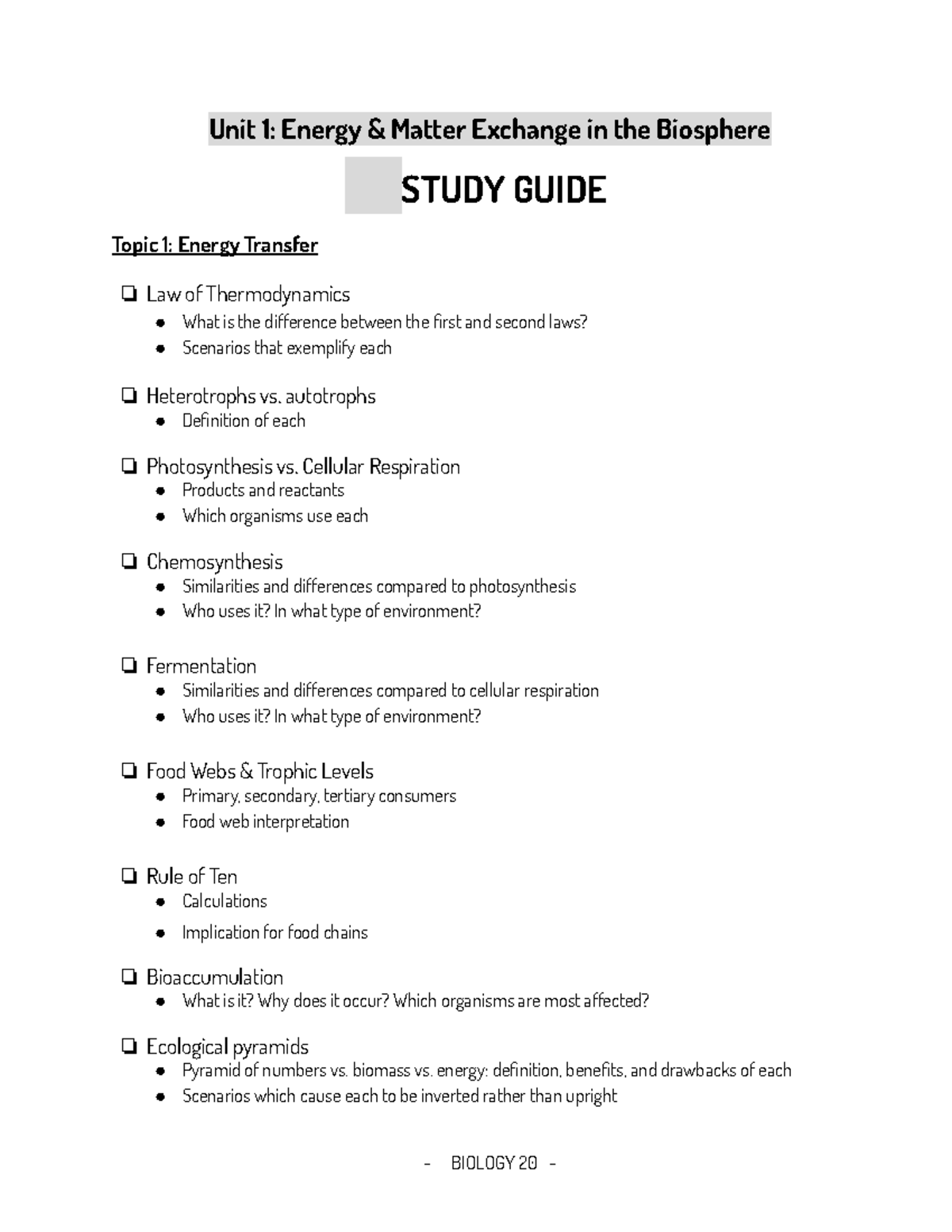 Study Guide - review - Unit 1: Energy & Matter Exchange in the ...