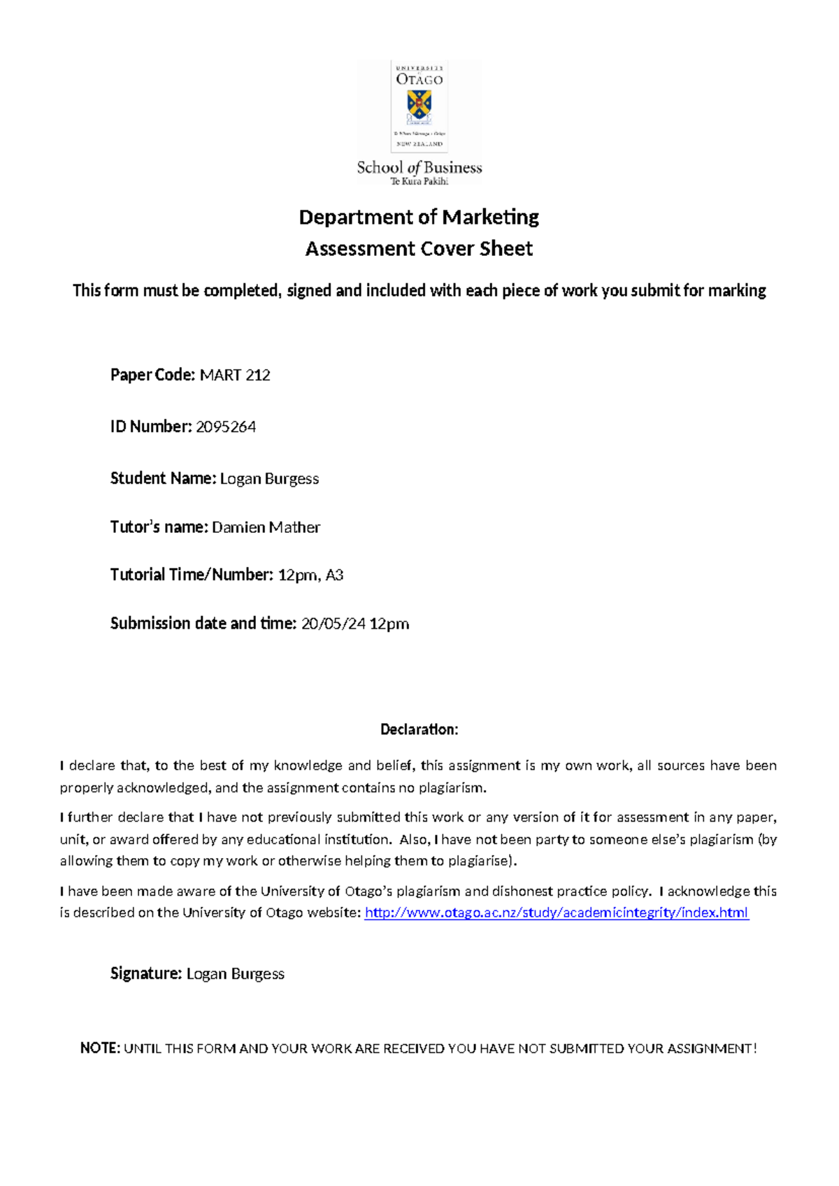 Individual Cover Sheet 2024 - Department of Marketing Assessment Cover ...