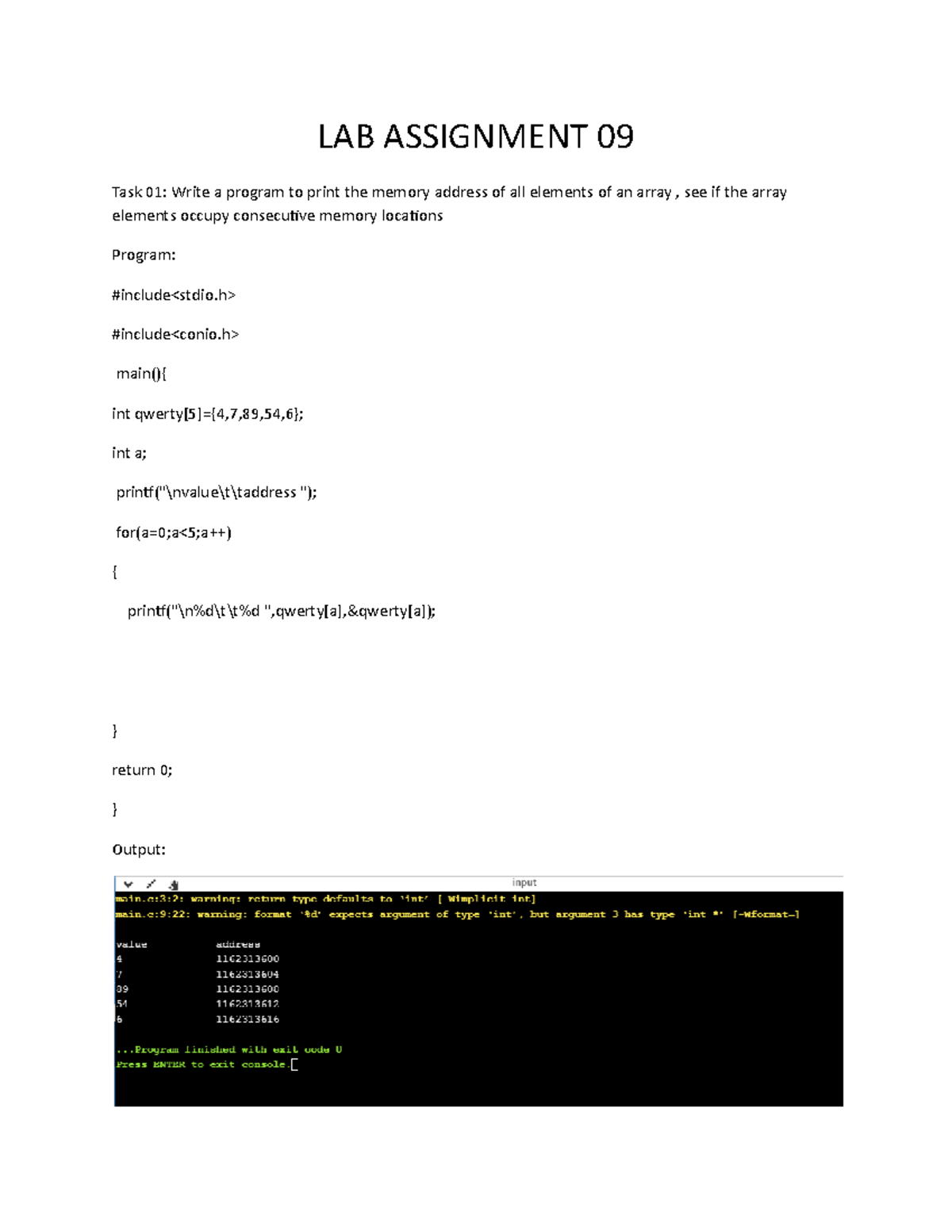 Lab Assignment 09 Pointers Lab Assignment 09 Task 01 Write A Program To Print The Memory