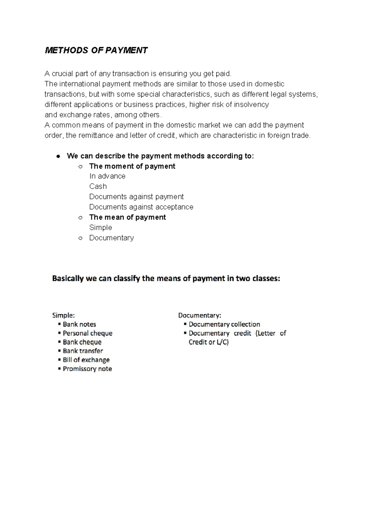 4. Methods of payment - Accounting - METHODS OF PAYMENT A crucial part ...