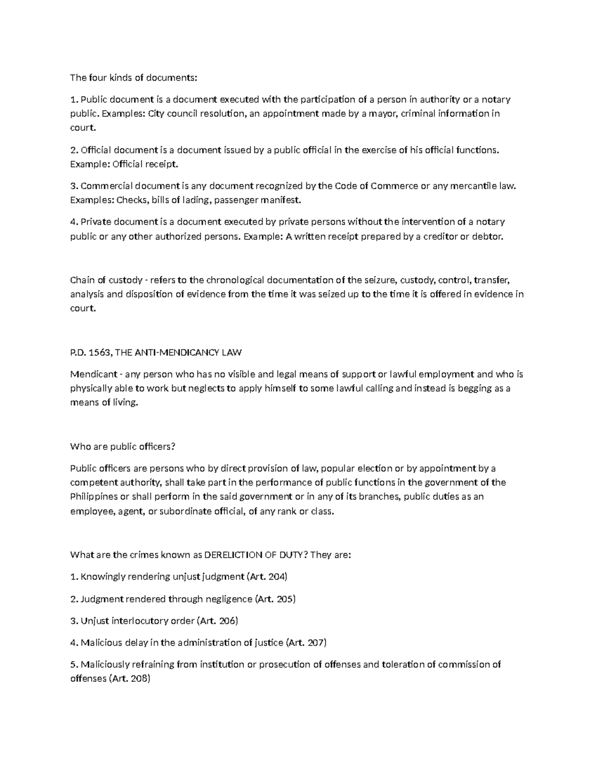 Crimlaw 2 - Midterms - The four kinds of documents: Public document is ...