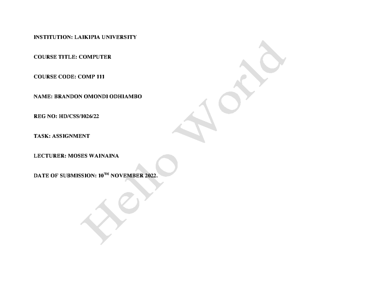 Brandon COMP 111 CAT - Good - INSTITUTION: LAIKIPIA UNIVERSITY COURSE TITLE: COMPUTER COURSE ...