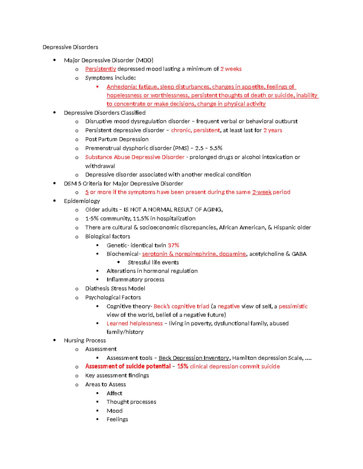 Depressive Disorder Notes - Depressive Disorders Major Depressive ...