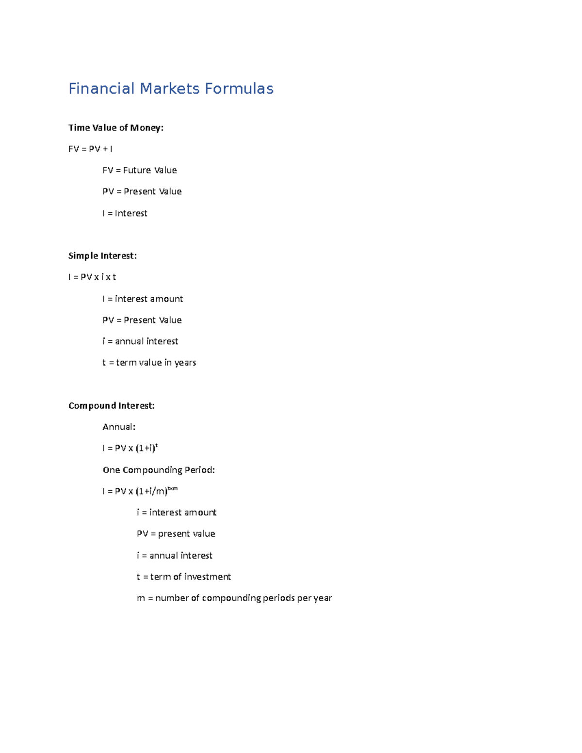 Financial Markets Formulas - Studocu