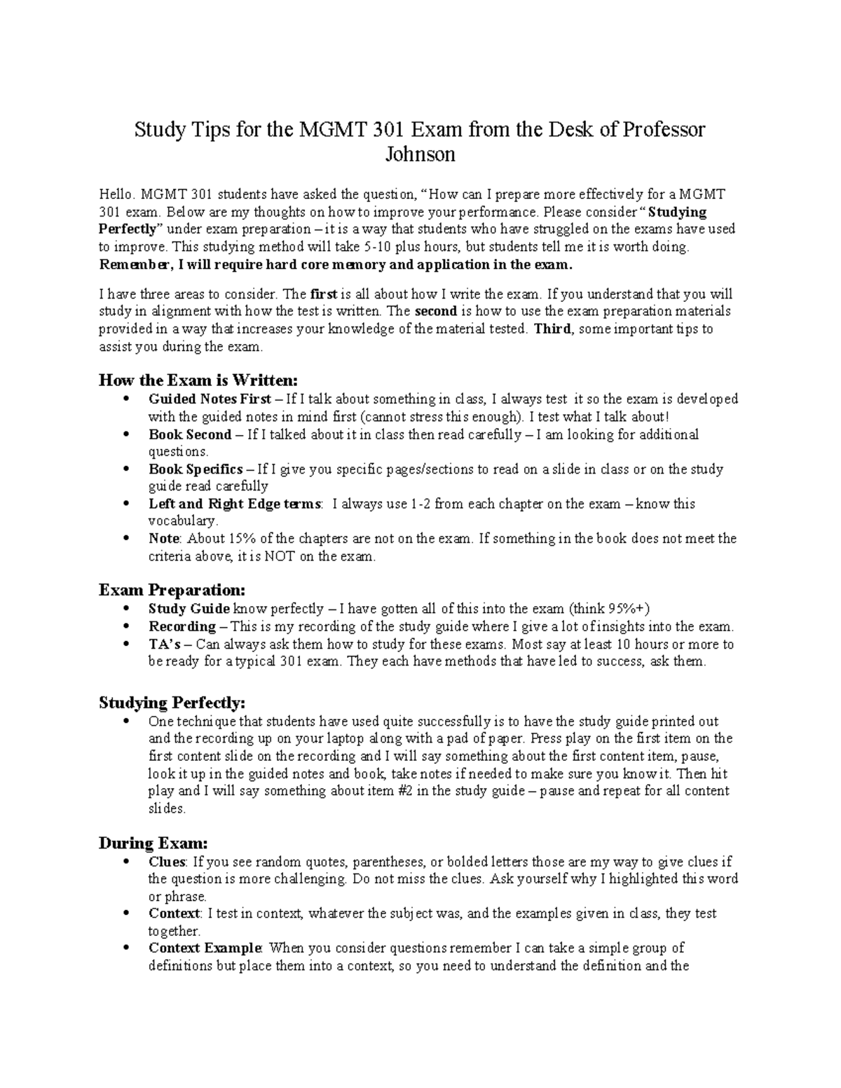 A - Study Tips from Professor Johnson MGMT 301 - Study Tips for the MGMT 301 Exam from the Desk ...