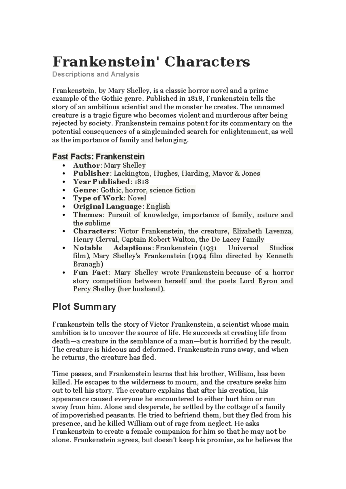 Frankenstein Themes, Characters, Quotes, and Plot Summary ...