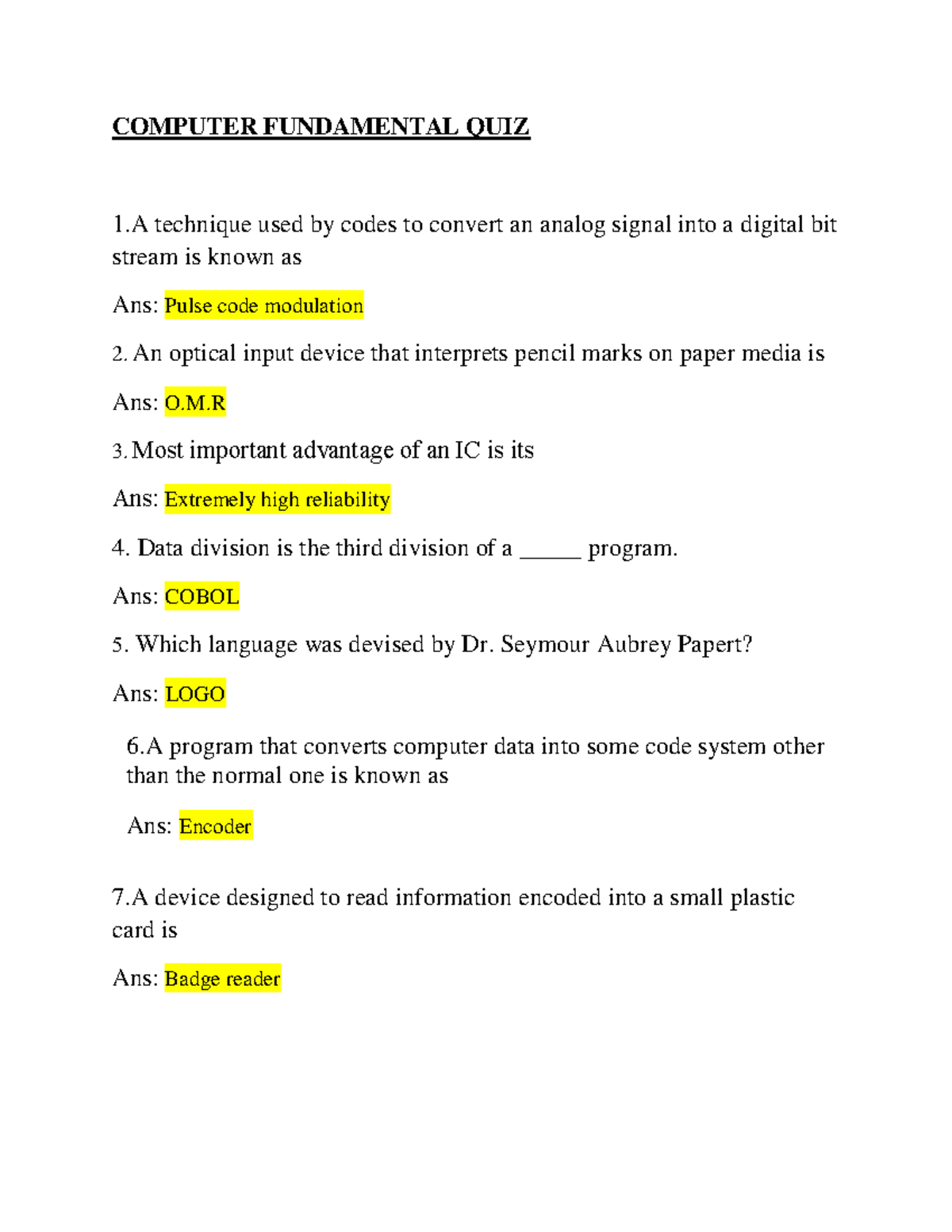Computer Fundamental QUIZ - COMPUTER FUNDAMENTAL QUIZ 1 technique used ...