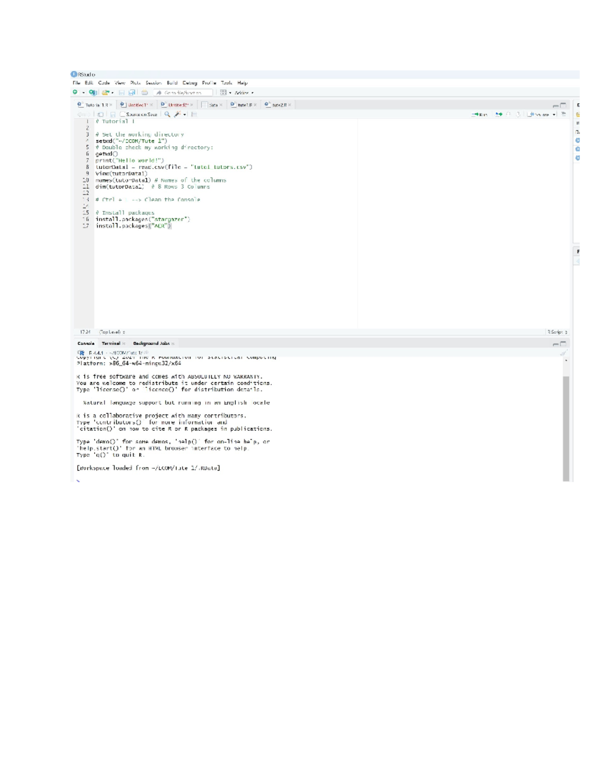 R-Tute 1 Note - R - Tute 1 Note - RStudio File Edit Code View Plots Session Build Debug Profile ...