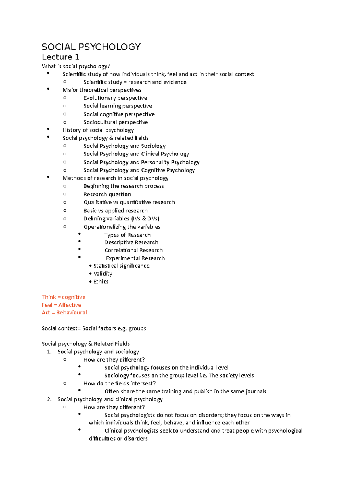 Social Psychology - Lecture notes 1-9 - SOCIAL PSYCHOLOGY Lecture 1 ...