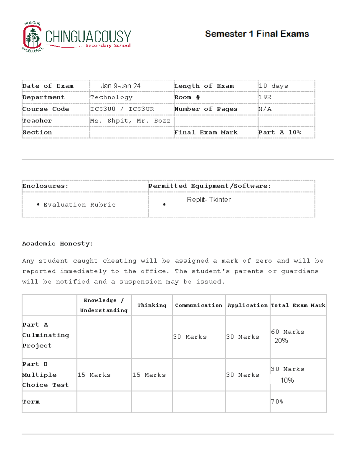 ICS3U0 R Intro to Computer Science-s2024 - Date of Exam June 5-16, 2023 ...