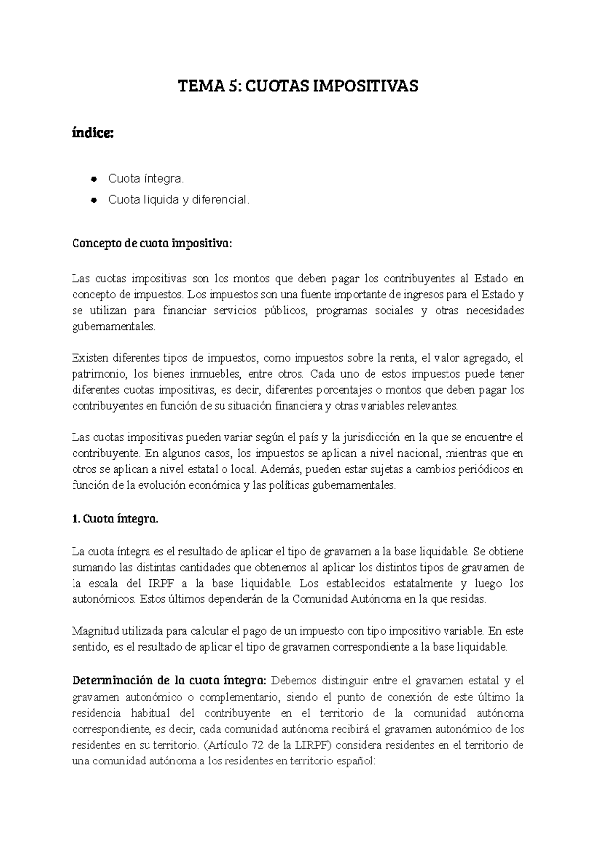 TEMA 5 Cuotas Impositivas - TEMA 5: CUOTAS IMPOSITIVAS índice: Cuota ...
