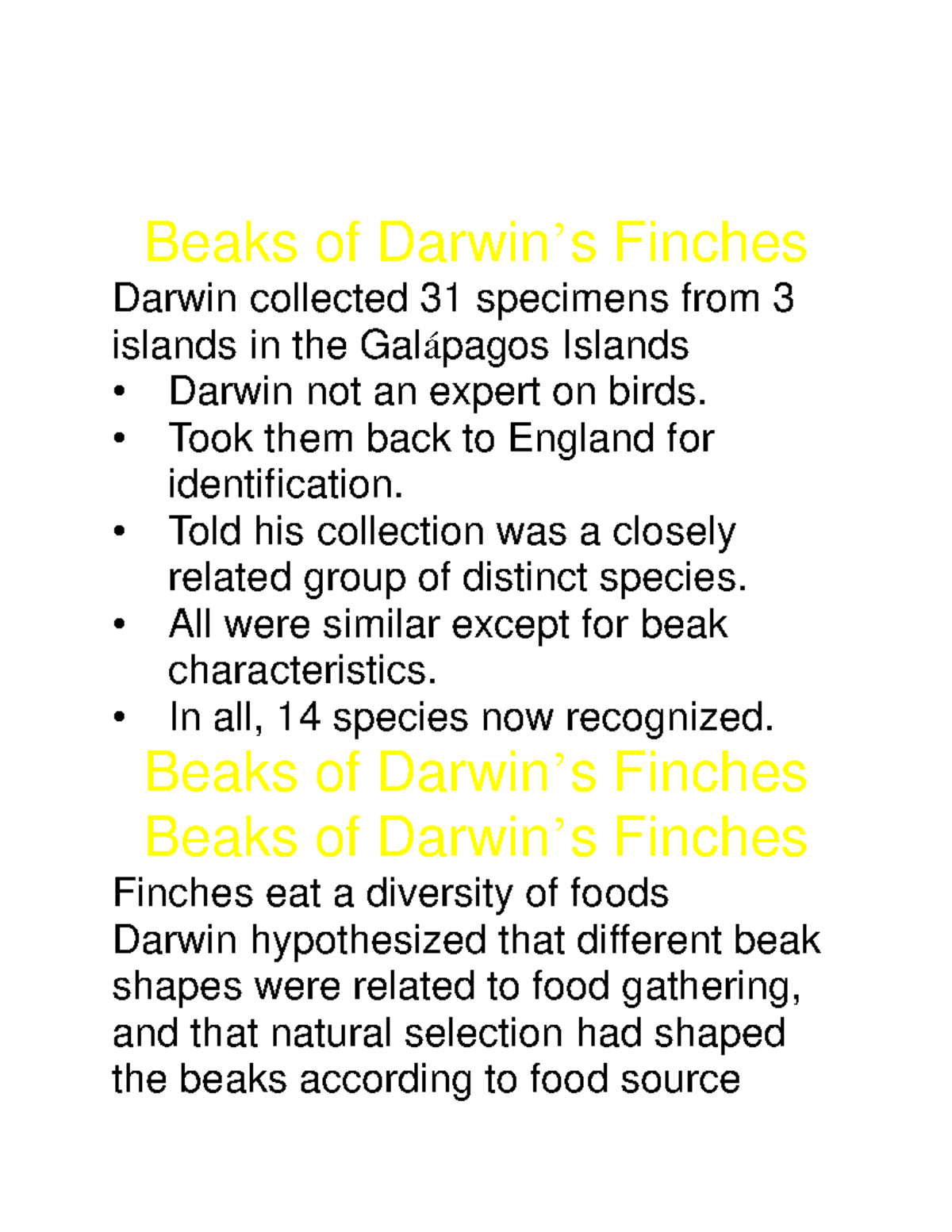 Chapter 21- Evolution - Beaks of Darwin’s Finches Darwin collected 31 ...