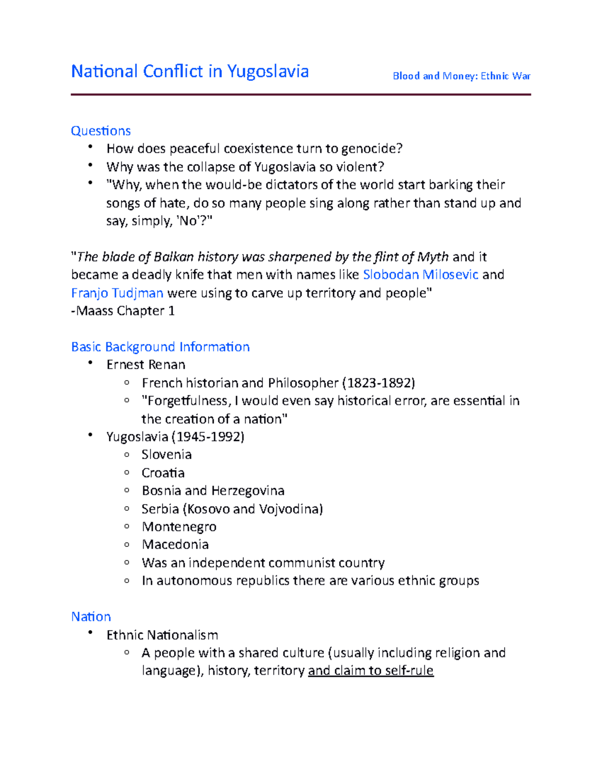 National Conflict in Yugoslavia Notes - National Conflict in Yugoslavia ...