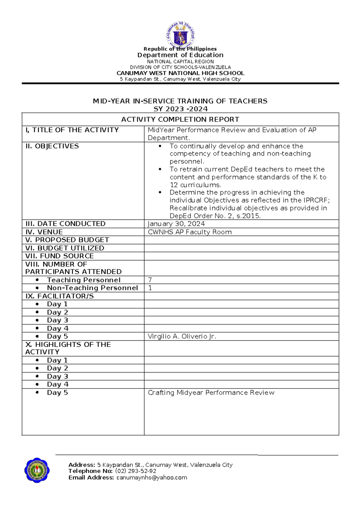 Activity Completion Report Template - Republic of the Philippines ...