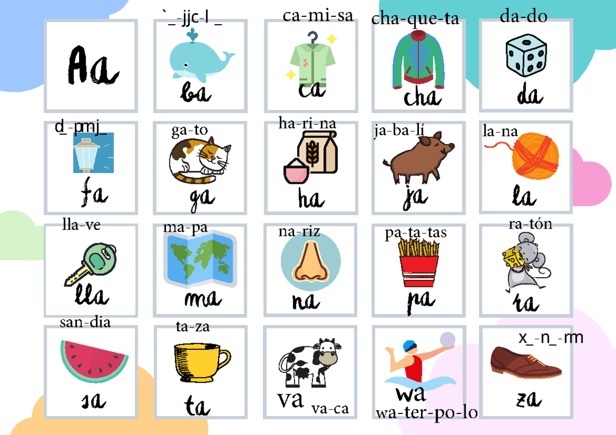 Spanish Vowel Picture - fa Aa ba ca pa za lla mema CB-MMF-OB GB-SP-MB ...