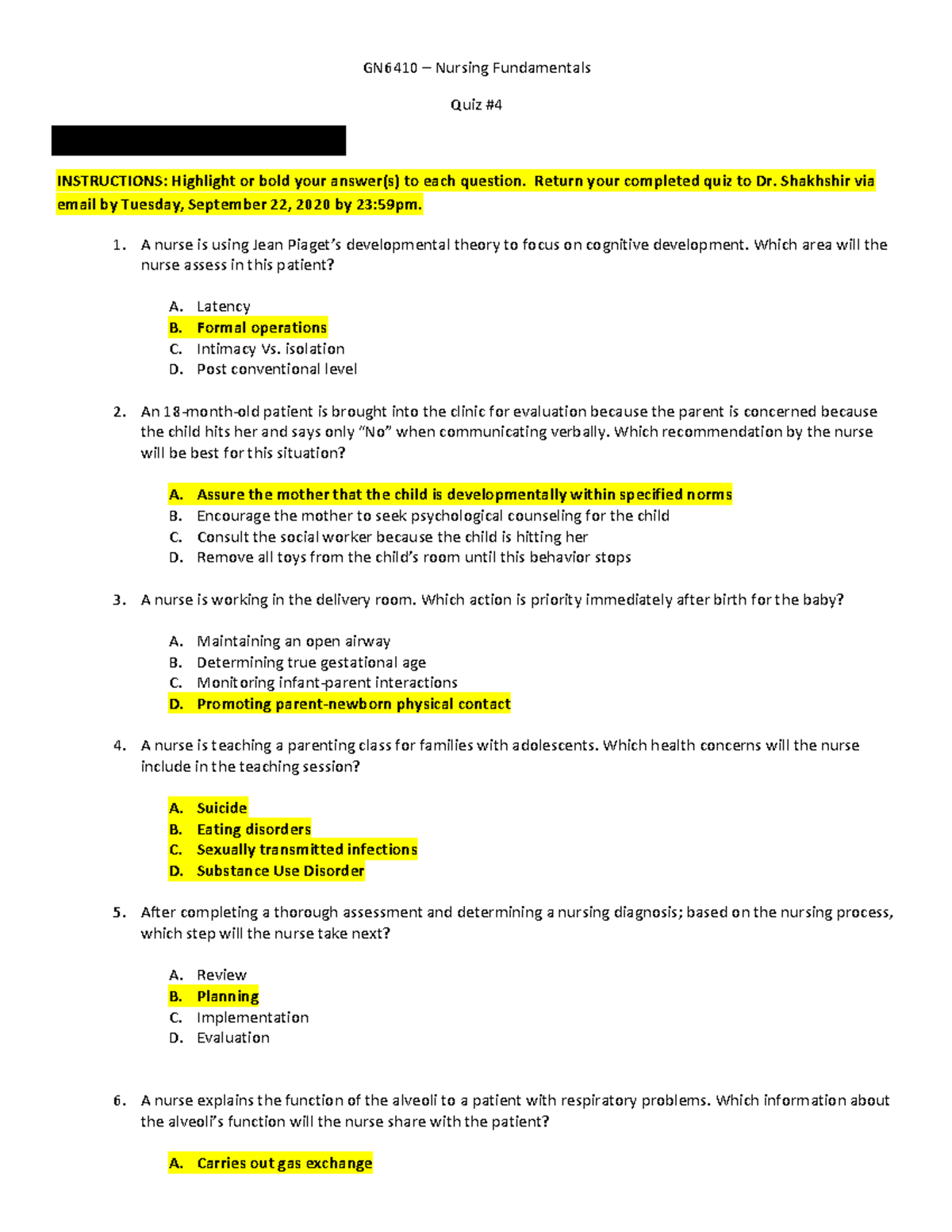 Nursing Fundamental Quiz - GN6410 – Nursing Fundamentals Quiz # Name ...