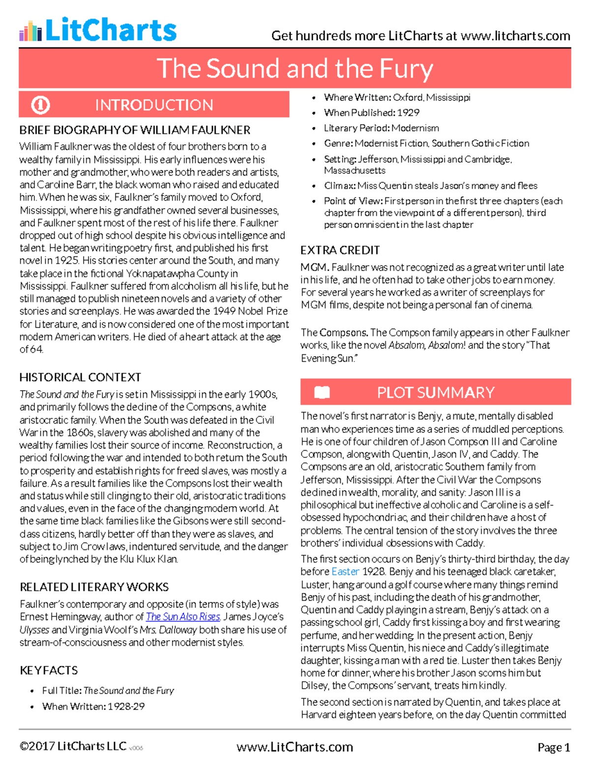The Sound and the Fury Lit Chart 1 - The Sound and the Fury BRIEF ...