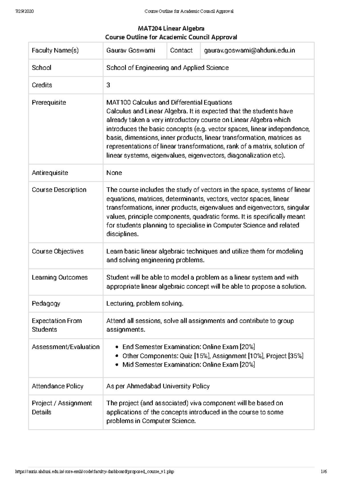 LA final 2 - MAT204 Linear Algebra Course Outline for Academic Council ...