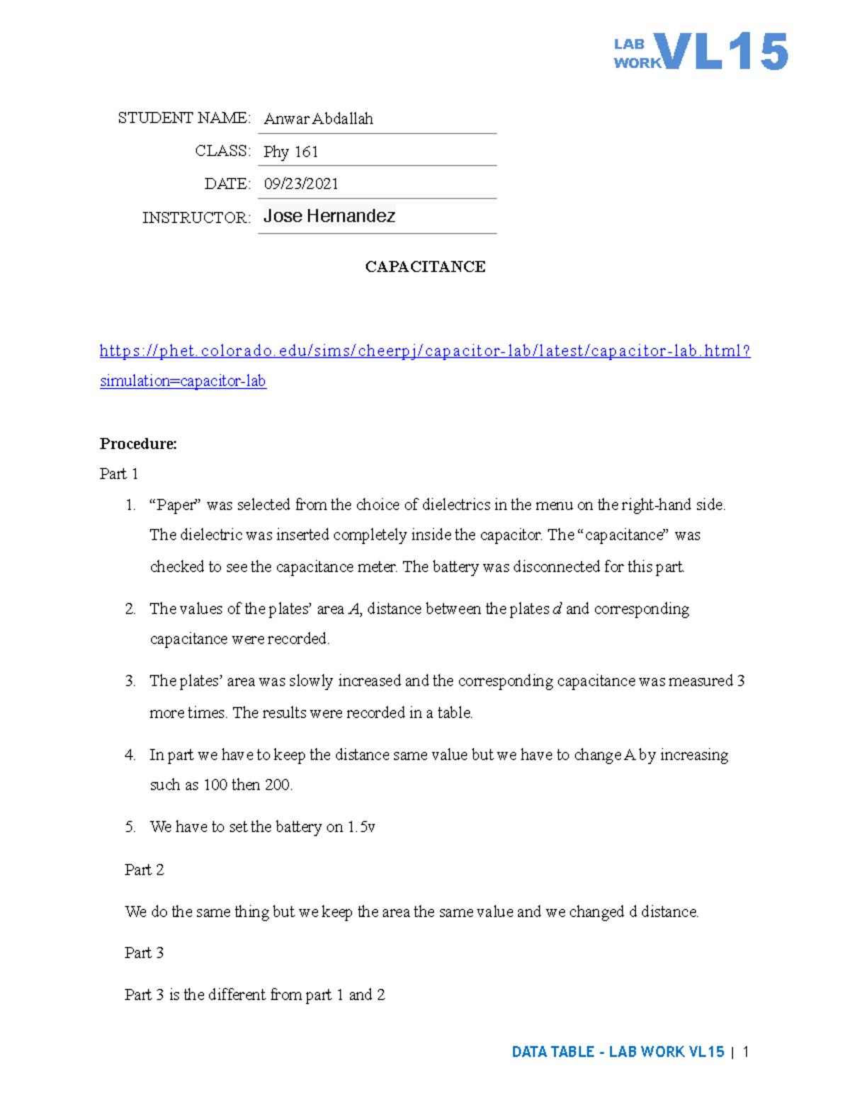 PHY 161 LAB3 CAPACITANCE - PHY 161 - CSI - Studocu
