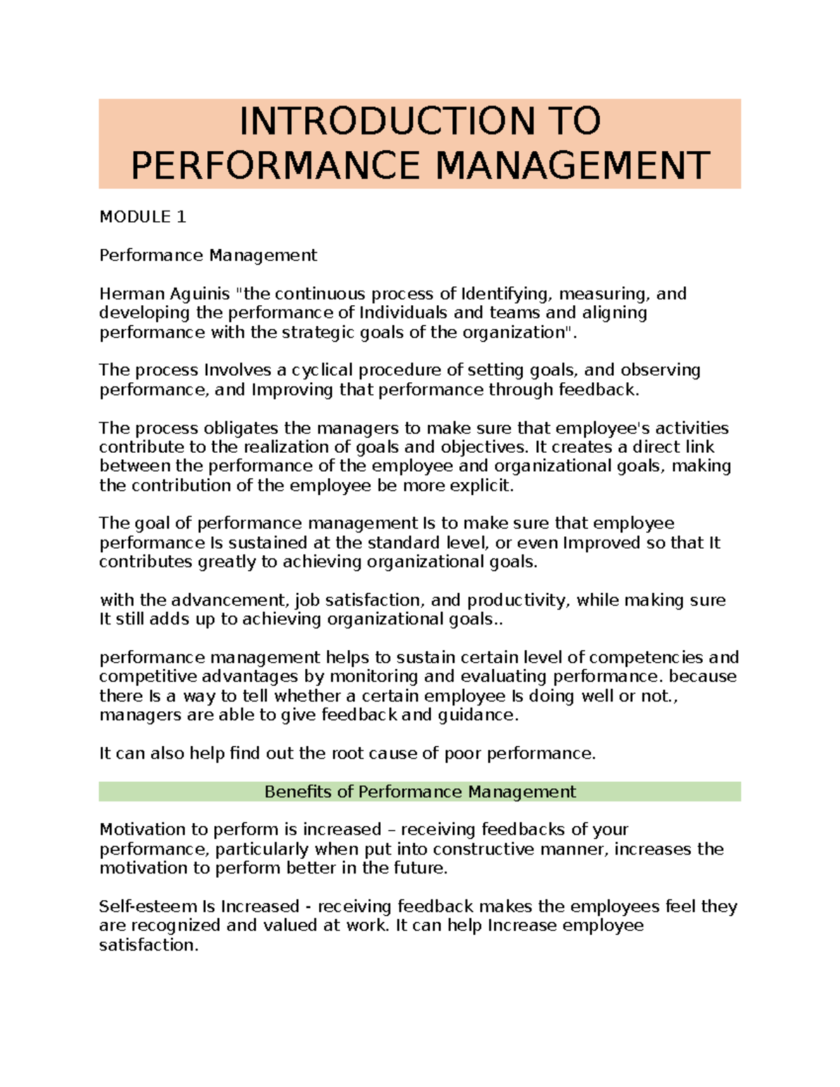 Introduction TO Performance Management module 1 - INTRODUCTION TO PERFORMANCE MANAGEMENT MODULE ...