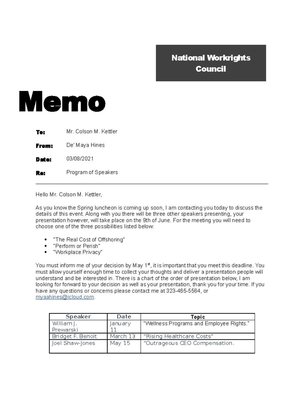 Memo - work - National Workrights Council Memo To: Mr. Colson M ...